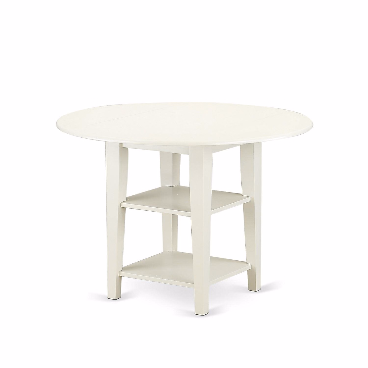East West Furniture SUEN3-LWH-06 3 Piece Kitchen Table Set Contains a Round Dining Table with Dropleaf & Shelves and 2 Dark Shitake Linen Fabric Parson Chairs, 42x42 Inch, Linen White