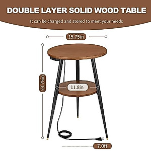 kinnary end Table with Charging Station, 2 Tier Walnut Wood Small Round Side with Storage for Small Spaces, Round nightstand Small Accent Table for Living Room Sofa Tall Side Tables Bedroom