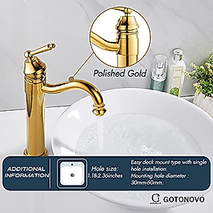 gotonovo Bathroom Sink Faucets Polished Gold One Hole Single Handle Tall Body Swivel Spout Gold Finish Pop Up Drain Without Overflow Vessel Faucet