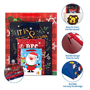 Novnsoi 24 PCS Christmas Bags Bulk Set for Wrapping Holiday Gifts, Recyclable Festival Bags with Snowman, Reindeer, Christmas Bell/Tree, Snowflake, Gin Design - 6 X-Large,6 Large,6 Medium,6 Small