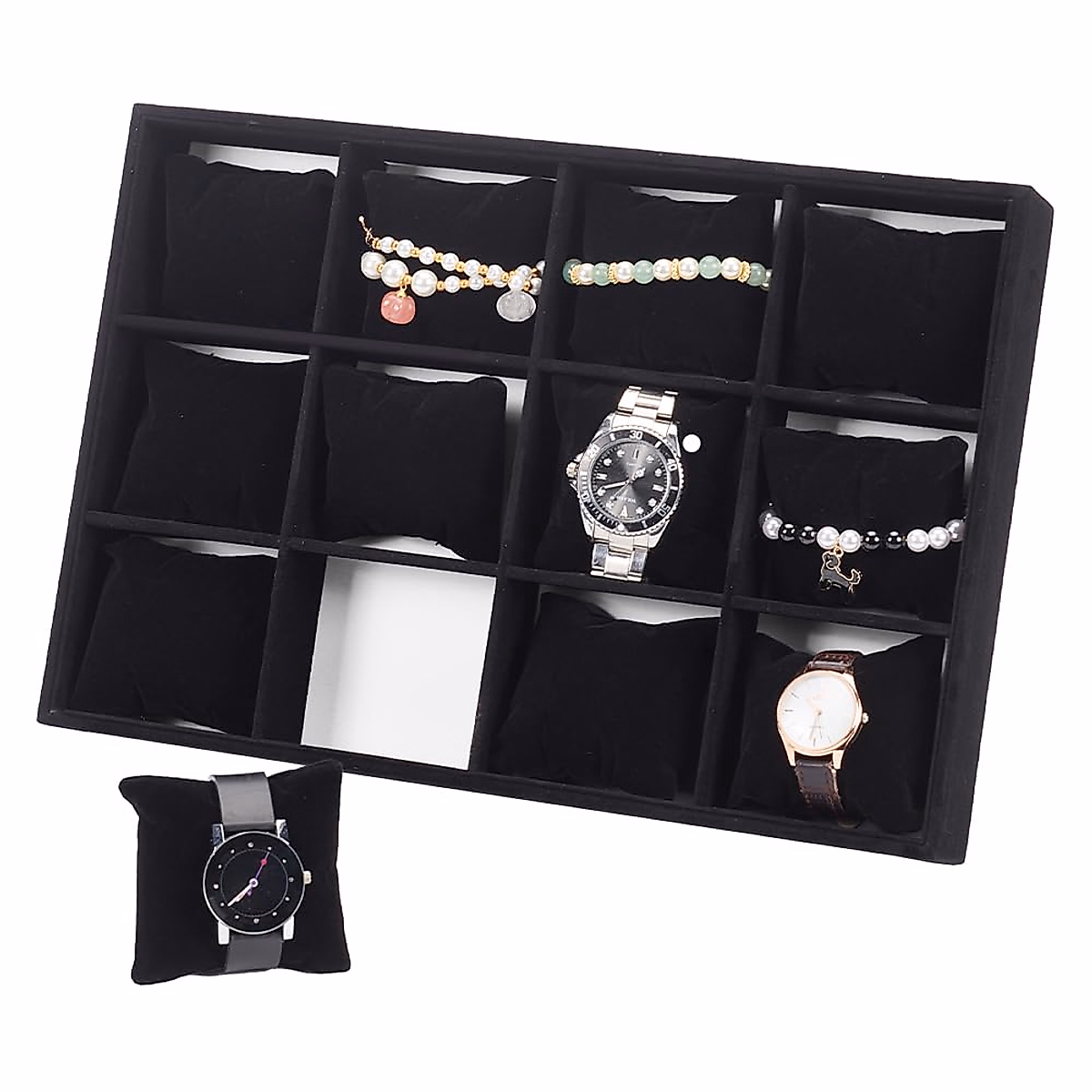 PH PandaHall Watch Tray 12 Grids Jewelry Tray Organizer Velvet Watch Show Tray Stackable Watch Organizer Jewelry Bracelet Show Box Display Holder with Adjustable Pillow for Bracelet Bangle Watch