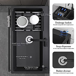HM&DX Utility Sink with Cabinet,Black Commercial Sink,freestanding Stainless Steel Sinks,Single Bowl Kitchen Sink with Faucet and Shelves,Hand Washing Station Basin for Garage Kitchen Laundry Room