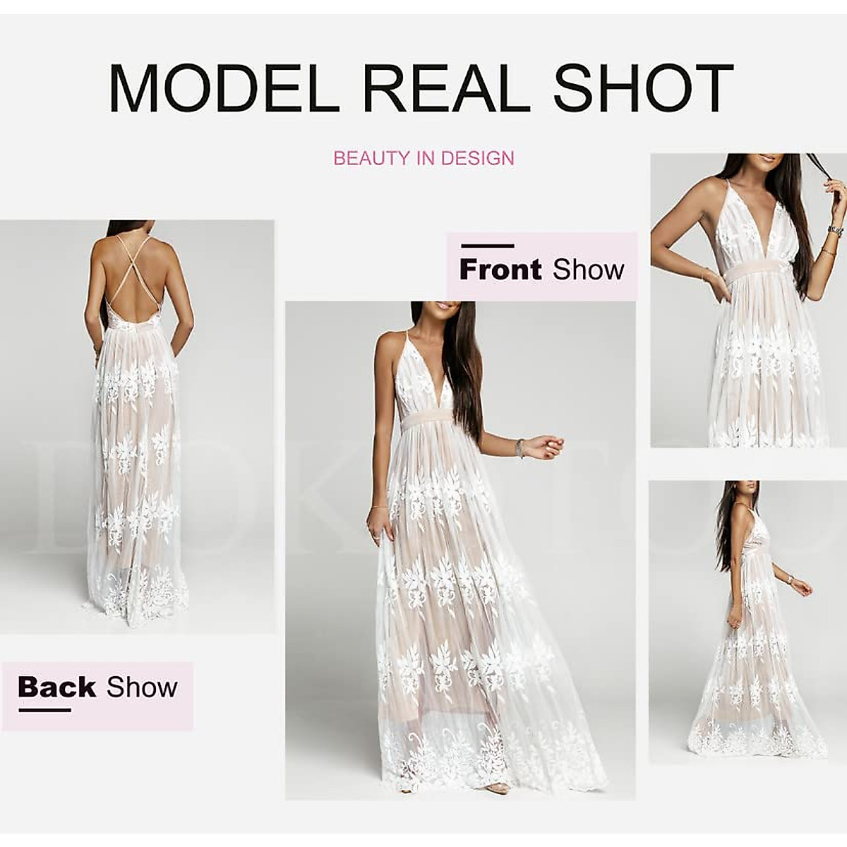 Dokotoo Womens Sexy Formal Dresses V-Neck Spaghetti Straps Elegant Embroidered Mesh High Slit Backless Evening Party Prom Dress Bridesmaid Wedding Guest Dresses White XL