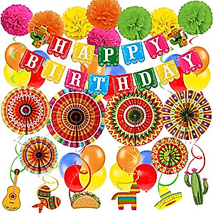 Recosis Fiesta Birthday Decorations, Mexican Themed Happy Birthday Banner Paper Pompoms Mexico Fans Fiesta Decorations Balloons Birthday Party Decorations