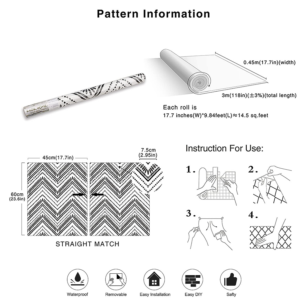 HAOKHOME Black and White Wallpaper Boho Geometric Self Adhesive Textured Wall Paper Modern for Bathroom Decor e 17.7in x 9.8ft