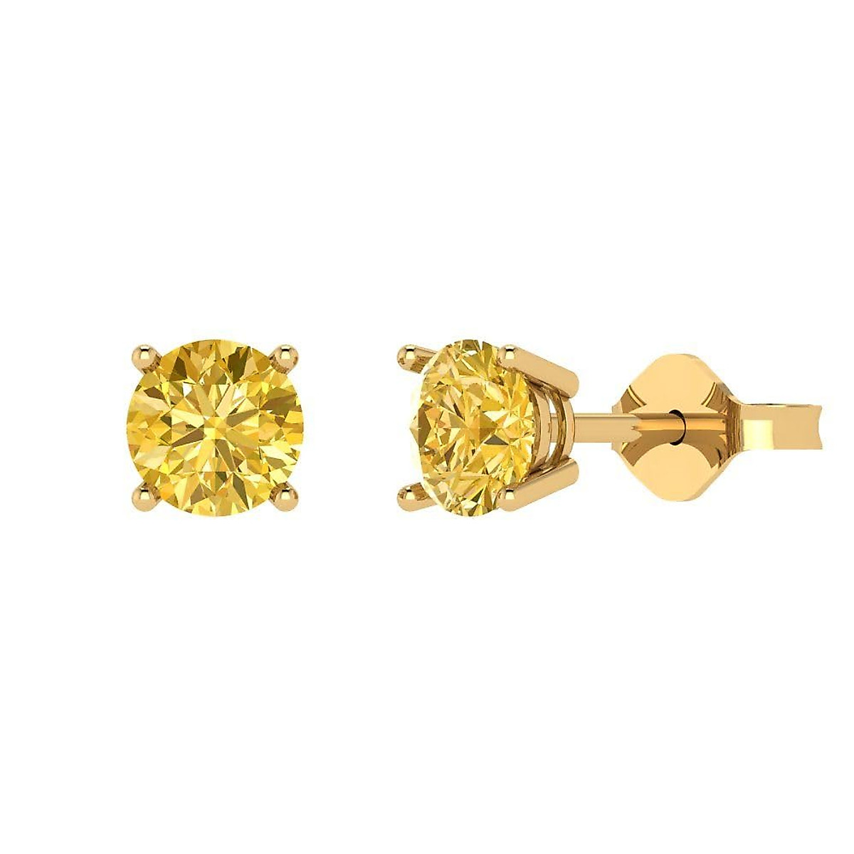Clara Pucci 1.94cttw Round Cut Solitaire Genuine Canary Yellow Simulated Diamond Unisex Pair of Stud Earrings 14k Yellow Gold Push Back