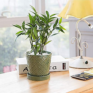 BUYMAX Plant Pots Indoor –5 inch Ceramic Flower Pot with Drainage Hole and Ceramic Tray - Gardening Home Desktop Office Windowsill Decoration Gift, Set of 4-Plants NOT Included (Patina)