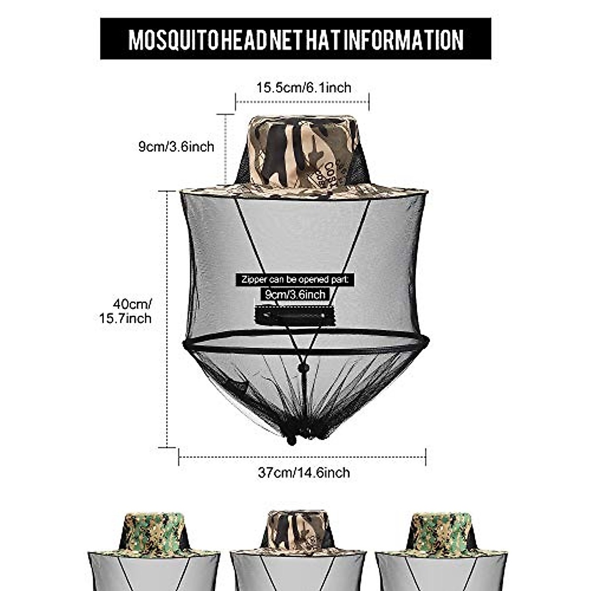 2 Pieces Mosquito Head Mesh Mosquito Cap Net Hat Face Cover with Zipper Foldable Fly Protection Netting Hat for Fishing Hiking Gardening