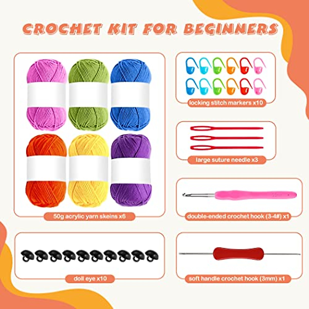 CACOE 6PCS Acrylic Yarn Skeins with Crochet Kit -6x50g 660 Yards of Craft Yarn for Knitting and Crochet,Yarn for Crocheting Beginners and Professional,Starter Pack for Adults(Rainbow - 6 Colors)