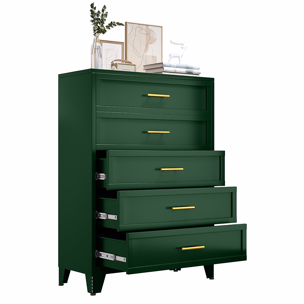 KAIFAM 5 Drawer Dresser, Dressers & Chest of Drawers for Bedroom, Metal Storage Cabinet Organizer with Drawers for Living Room, Hallway, Entryway, Home Office (Dark Green)