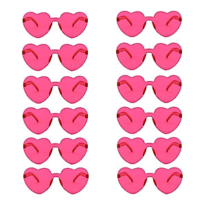 JFTOWN 12 Pairs Heart Shape Rimless Valentines Sunglasses Candy Color Frameless One Piece Love Glasses for Women Party Favor (Hot Pink)