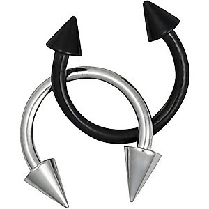 Forbidden Body Jewelry 16g Septum Rings Set of 2: 16 Gauge 8mm Surgical Steel Spike Horseshoe Rings, Black & Steel