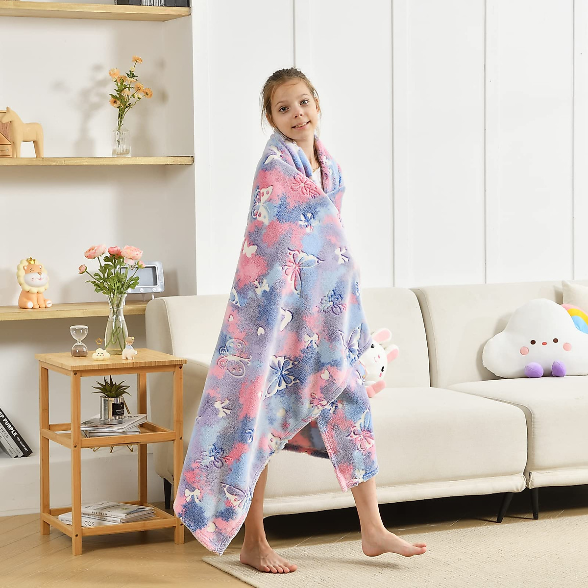 Yaning Glow in The Dark Butterfly Blanket, Soft Cozy Cute Fluffy Luminous Blanket for Kids Girls Teens Gift, Purple, 50x60 inches
