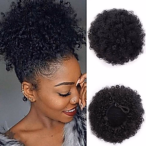 AISI QUEENS Afro Puff Drawstring Ponytail Synthetic Short Afro Kinkys Curly Afro Bun Extension Hairpieces Updo Hair Extensions with Two Clips (6inch,1B)