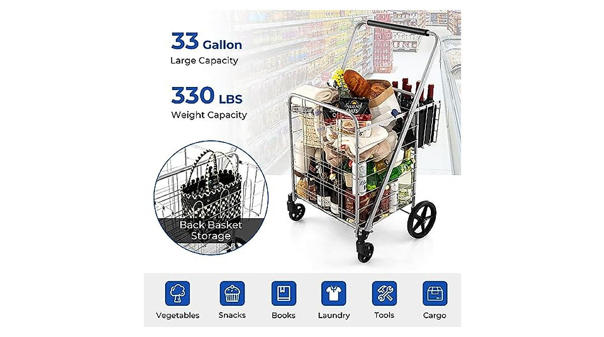 Goplus Jumbo Folding Grocery Cart - 330 lbs Capacity