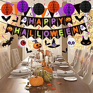 Happy Halloween Banner 26pcs Halloween Party Decorations Paper Triangle Flag Bunting Honeycomb Ball Hanging Swirl Streamers Bats Stickers Wall Decor DIY Indoor Outdoor Home Decor