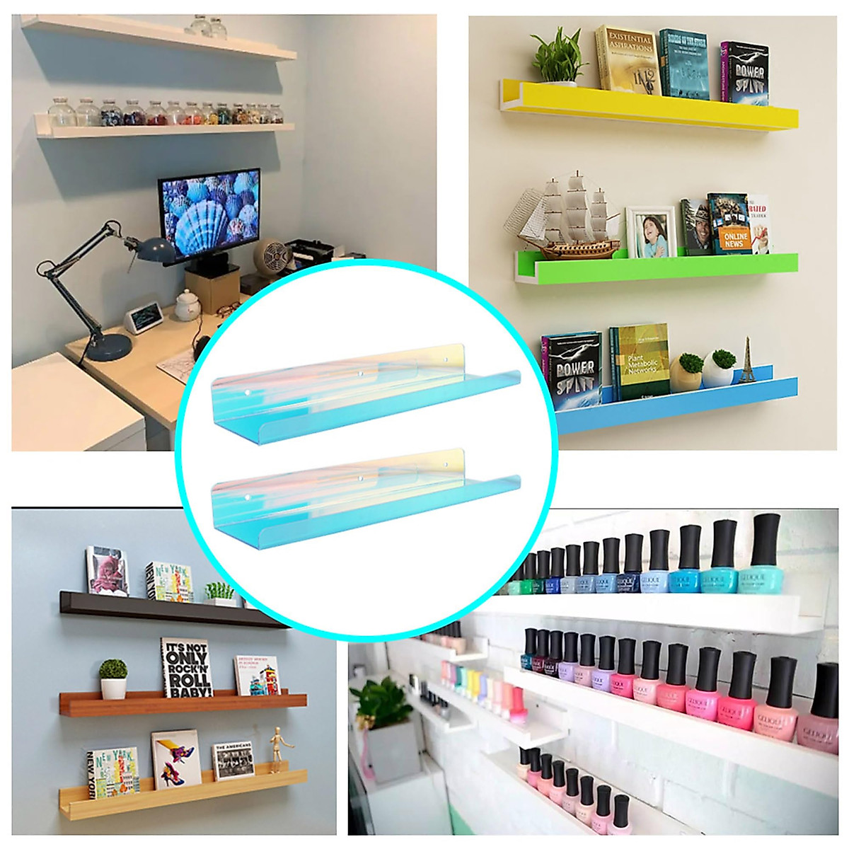 4 Pack 15 Inch Iridescent Acrylic Floating Shelves Wall Mounted Kids Bookshelf Toy Storage Wall Shelf Nail Polish Holder Perfume Display Wall Shelves for Bedroom,Living Room,Bathroom (Wavy Lines)