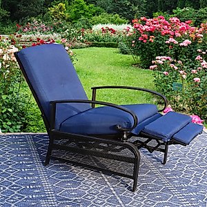 MFSTUDIO Patio Adjustable Recliner Chair, Outdoor Metal Reclining Lounge Chair with 100% Olefin Removable Cushion, Outdoor Adjustable Lounge Chair for Porch, Lawn, (Navy Blue)
