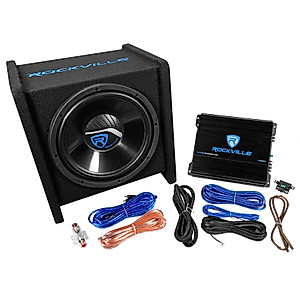 Rockville RV12.1C 600w 12" Loaded Car Subwoofer Enclosure+Mono Amplifier+Amp Kit,Black