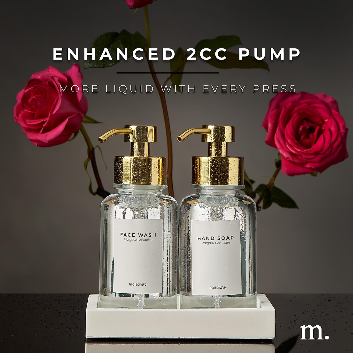 MaisoNovo Glass Foaming Soap Dispenser | Clear Glass Gold Pumps x 2 with Tray