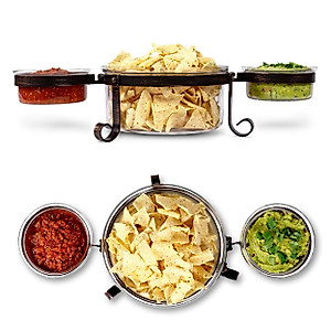 BIRDROCK HOME Chip and Dip Serving Bowl Set - Triple Glass Bowls with Metal Frame - Salsa Appetizer Party Serveware - Veggie, Shrimp, Guacamole, Chips and Taco Platter - Party Size - Compact Storage