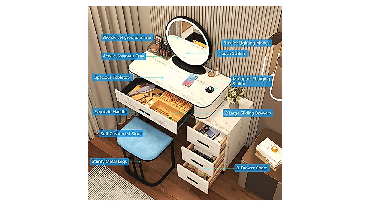 LVSOMT Touch Screen Vanity Desk with Lights & Storage