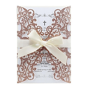 KALOPEZY 50PCS Wedding Invitation,Rose Gold invitations,Gold Powder Floral Laser Cut with Blank Inner Sheet, Envelopes and Ribbons for Party Wedding Engagement Bridal Bridal Shower Invite (Rose Gold)