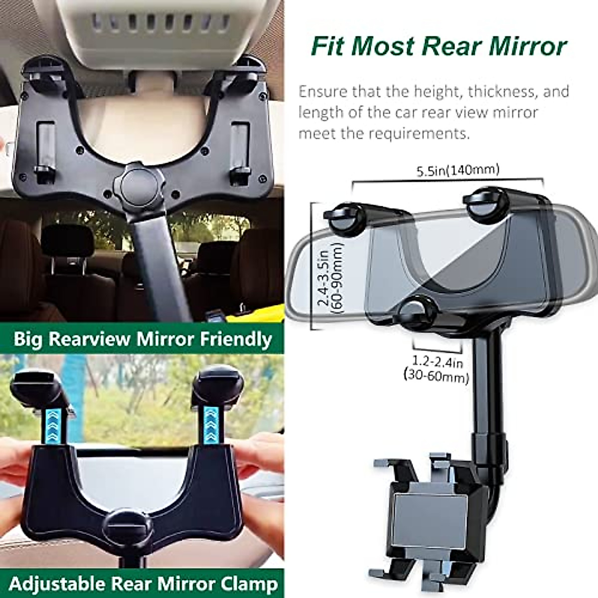 PKYAA Rearview Mirror Phone Holder for Car, 360° Rotating Rear View Mirror Phone Mount with Adjustable Arm Length, Multifunctional Phone and GPS Holder Universal Car Phone Holder for All Smartphones