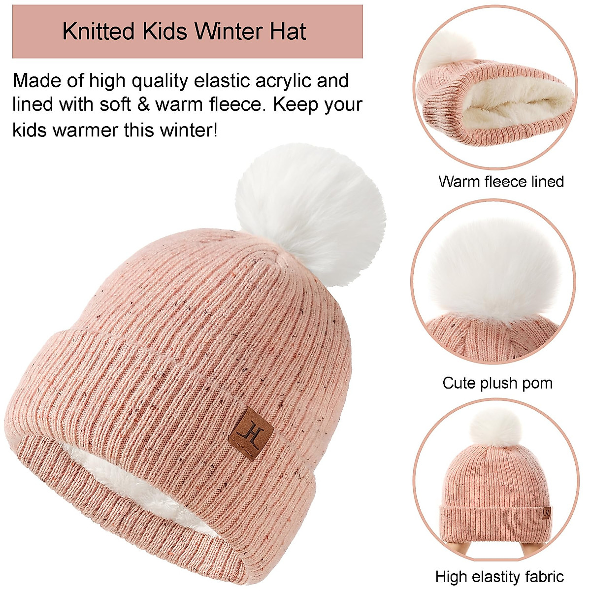 Jastore 3 Pcs Toddler Kids Winter Knitted Beanie Hat Scarf Gloves Set Warm Soft Thick Fleece Lining for Girls(Pink)