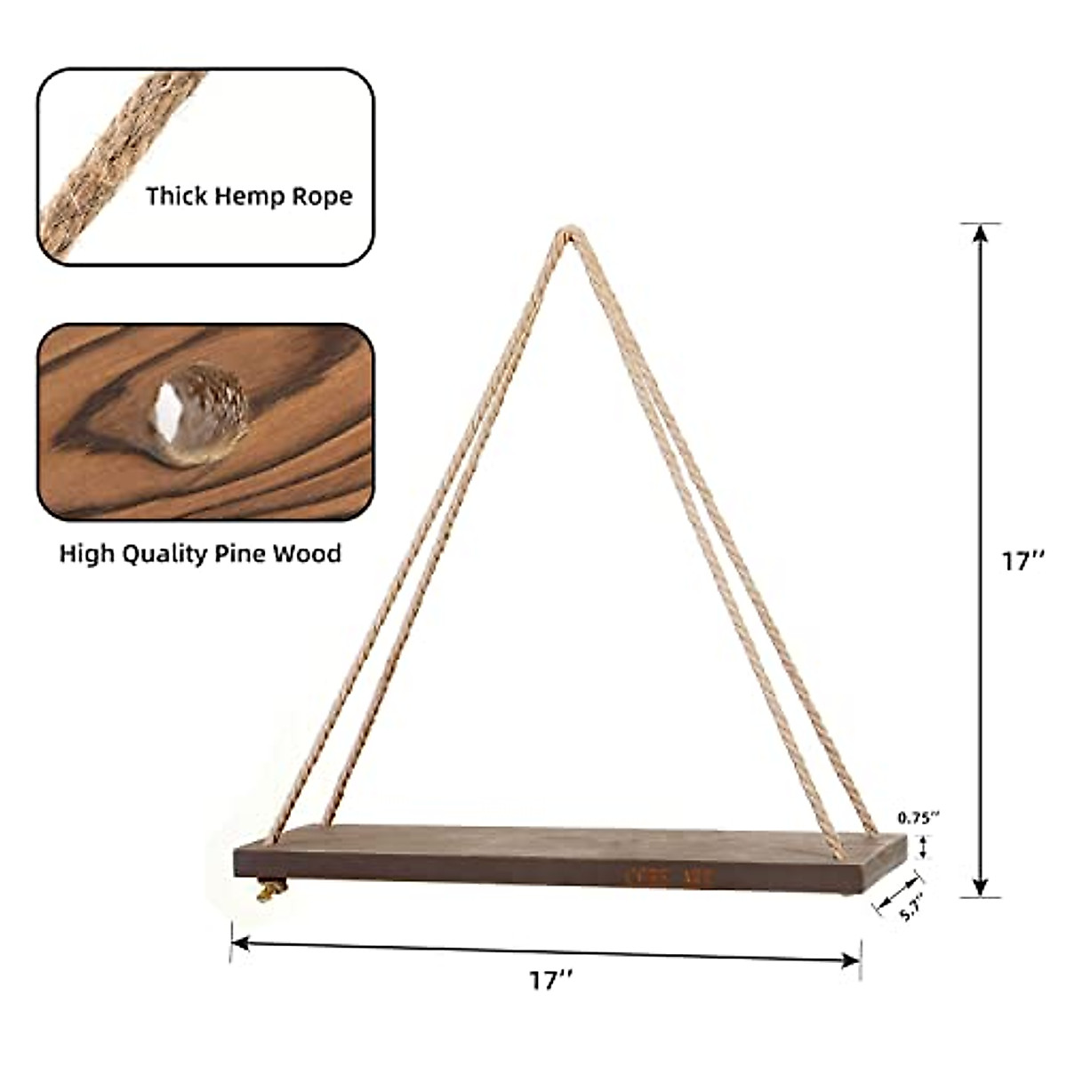 CORE ART Hanging Shelves for Wall Boho Window Plant Rope Shelves, Macrame Wall Hanging Shelf Wooden, Brown Rustic Set of 2