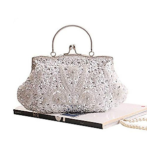 KALAIEN Beaded Sequin Evening Clutch Bag Bridal Wedding Purses Women Evening Bags (Silver)