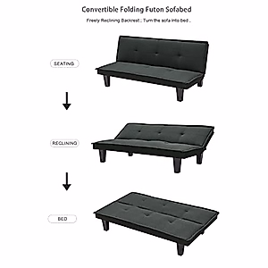 Majnesvon Modern Linen Fabric Sofa Bed Futon,Convertible Foldable Sleeper Sofa Bed with 3 Angles Adjustable Back,Wooden Frame & Legs for Small Living Space,Dorm Office Apartment (Dark Grey)