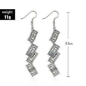 YOOE Cute 100 Dollar Bill Money Currency Dangle Earrings.Punk hiphop Paper Cash Drop Earrings.Antique Silver Gold For Women Jewelry (Silver)