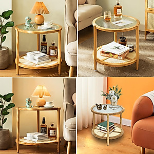 PaNeTnya 22 inch Bamboo Side Table End Table,2 Tier Round Side Table with Rattan Shelf and Glass Tabletop,Coffee Table for Living Room,Dining Room and Bedroom