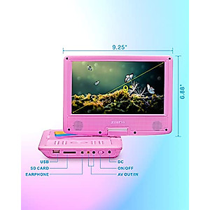 SYNAGY 11" Portable DVD Player for Kids with 9.5 inch HD Swivel Screen, Car Headrest Mount Holder, Rechargeable Battery, Car Charger, Wall Charger, SD Card Slot, USB Port (Pink)