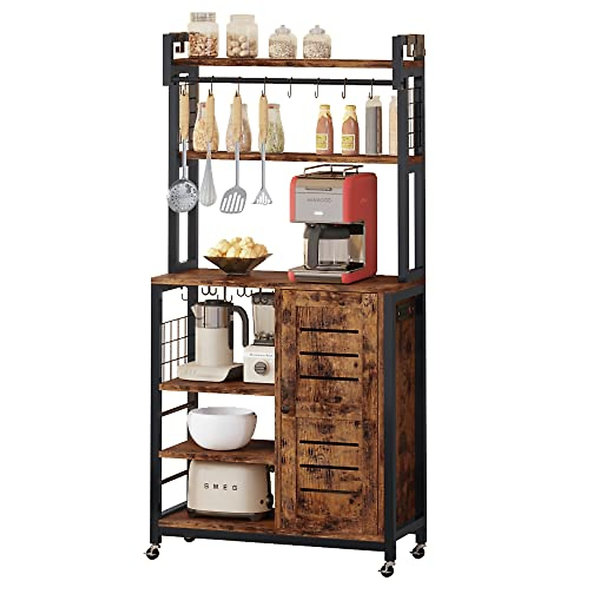 IRONCK Bakers Rack, Microwave Stand with Power Outlets, Kitchen Storage with Wheels & Feet, Coffee Station with Cabinets and 10 S-Hooks, Vintage Brown