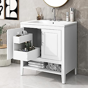 AnwickNomo 30" Bathroom Vanity with Sink Combo, Modern Multi-Functional Bathroom Cabinet with Doors and Drawers, Narrow Depth Bath Vanities,Solid Frame and MDF Board, Large Storage Space (White)