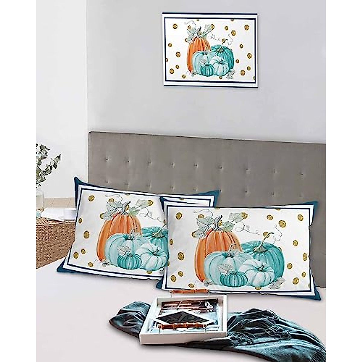Thanksgiving Pillow Covers King Standard Set of 2 Bed Pillow, Fall Pumpkin Yellow Polka Dots Navy Blue Lace Plush Soft Comfort for Hair/ Skin Cooling Pillowcases with Envelop Closure 20''x36''