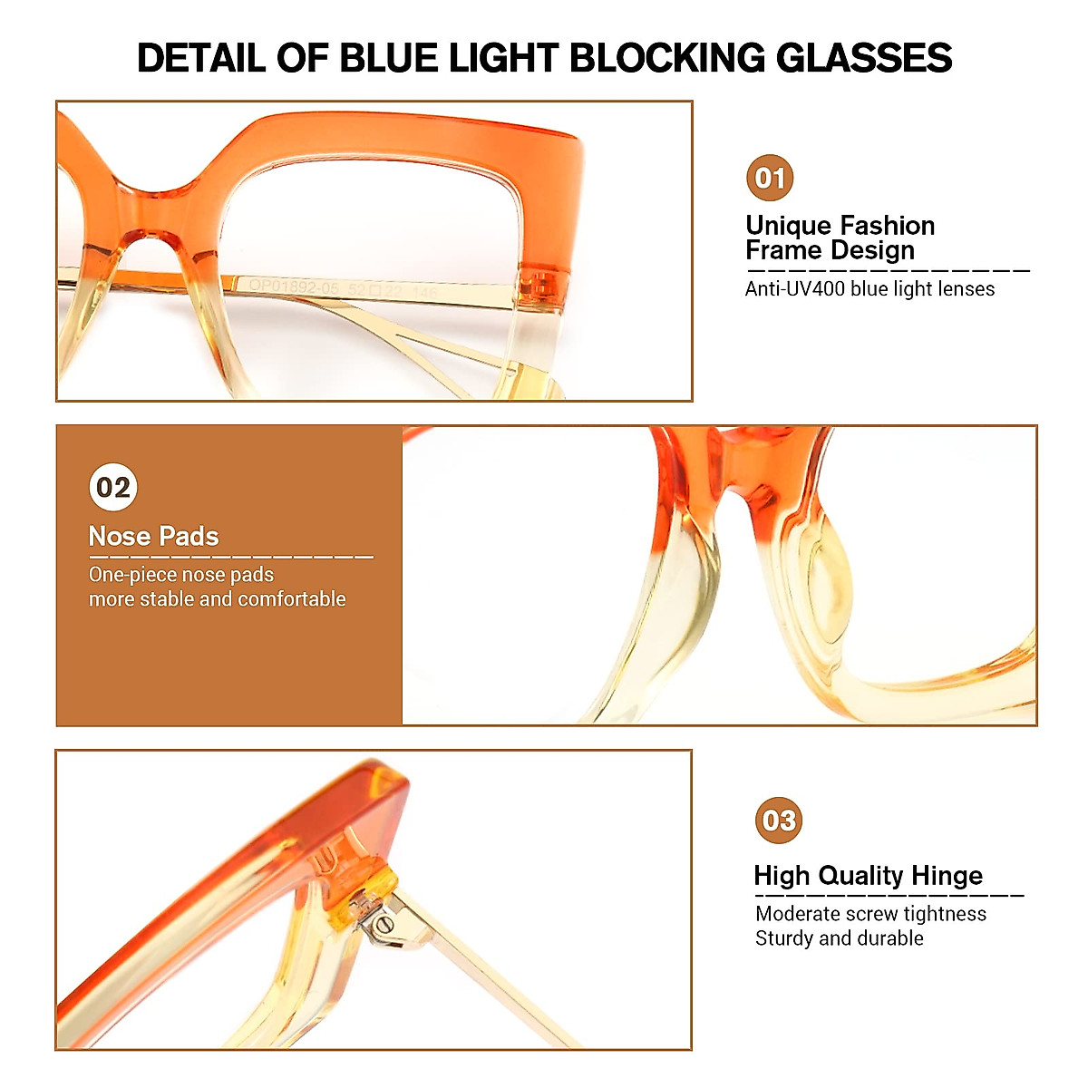 VOOGLAM Oversized Thick Square Blue Light Blocking Glasses for Women Orange Fashion Eyewear with Pearl Inlay Arm Anti Eyestrain UV Valarie
