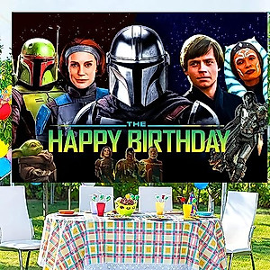 Mandalorian Background Birthday Decorations, Mandalorian Happy Birthday Banner Backdrop for Mandalorian Birthday Party Supplies (5x3ft)