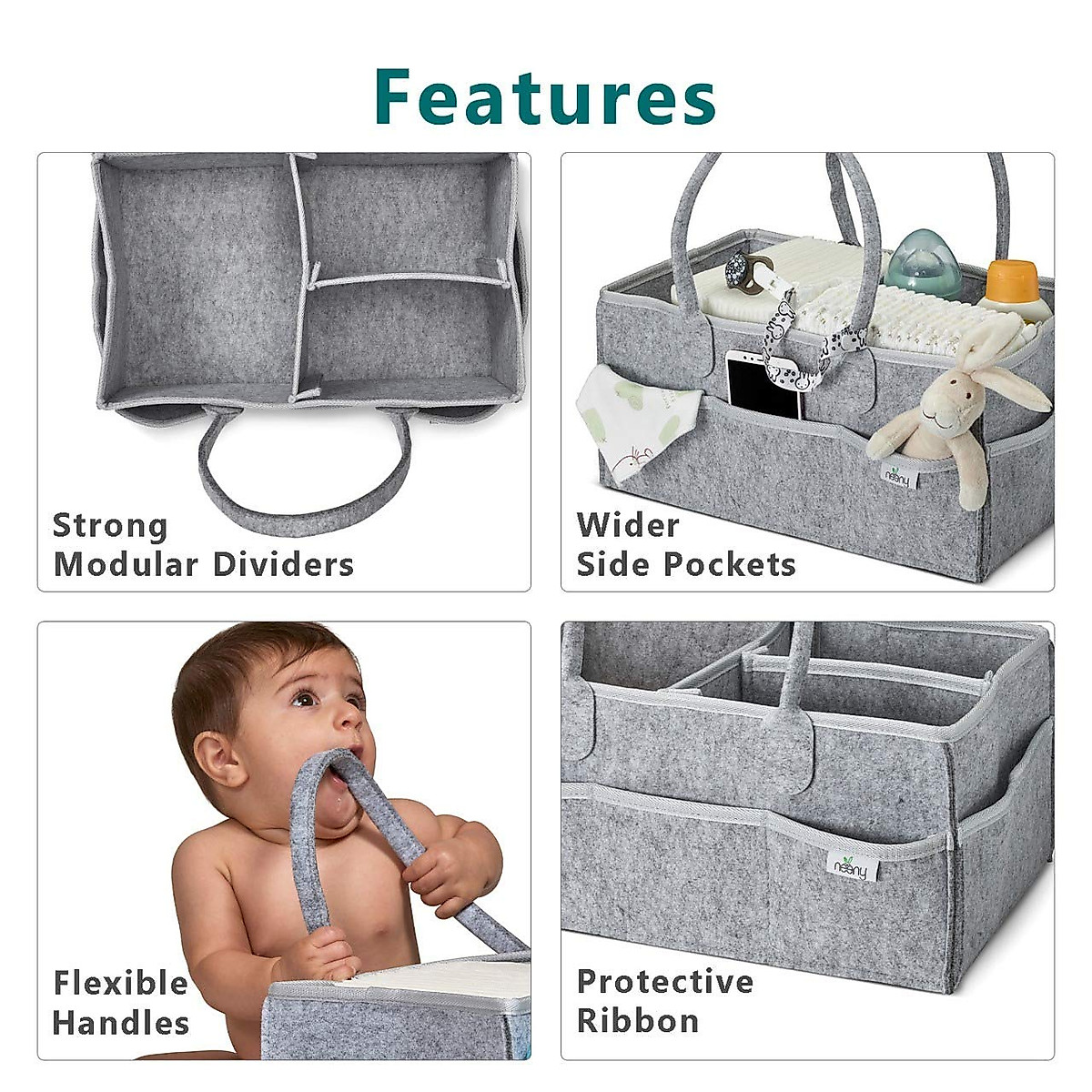NEENY Baby Diaper Caddy Organizer – Portable Changing Table Storage Basket – Soft Felt Grey Nappy Bag Adjustable Compartments – Wipes Bottle Nursing Home & Car Travel – FREE Cotton Bib & Pacifier Clip