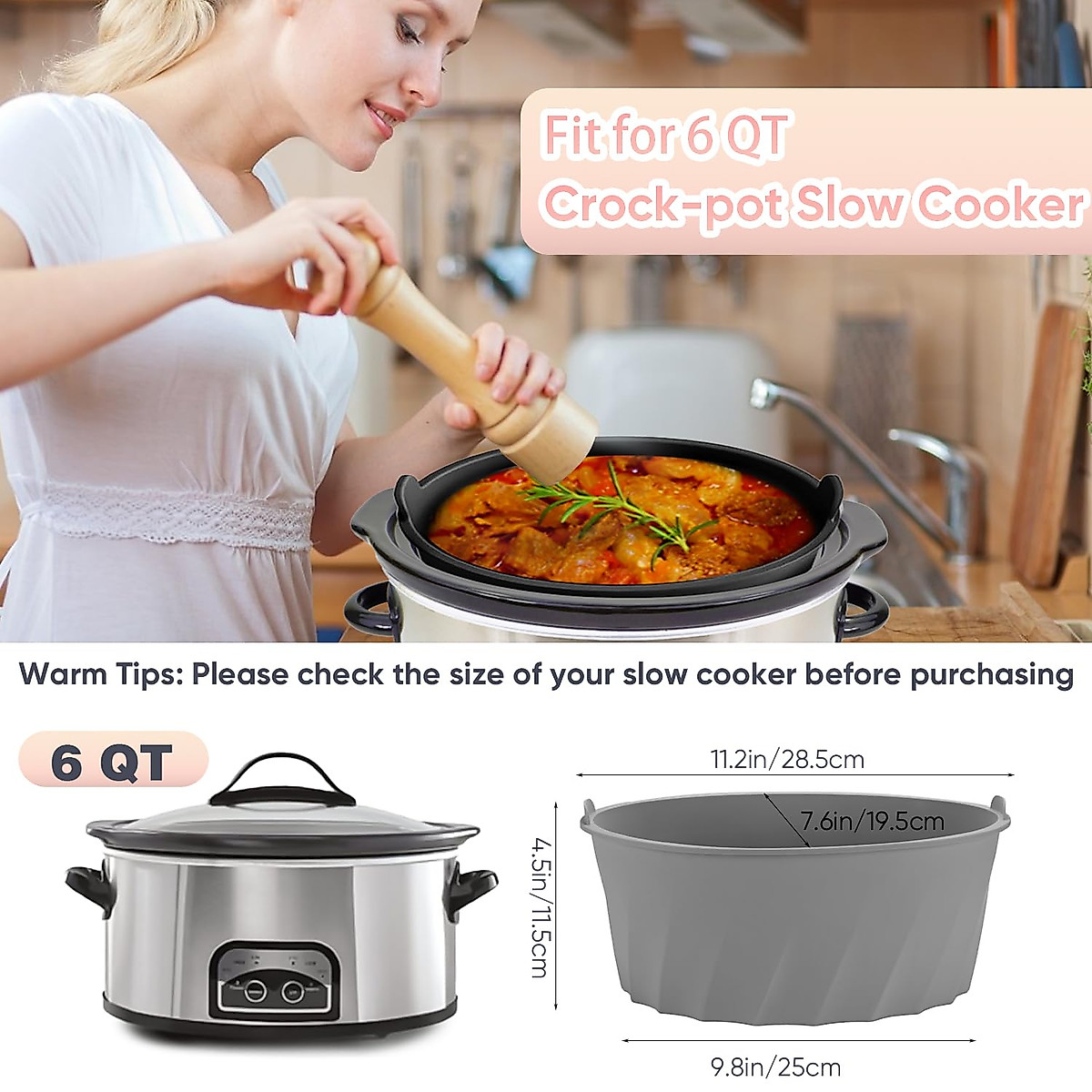 unumac Silicone Slow Cooker Liners Fit 6 QT Crock Pot liners Large Size, Reusable Leakproof Crockpot Liner Compatible with Hamilton Beach Oval Slow Cookers, BPA Free Food-Grade, Dishwasher Safe(Grey)