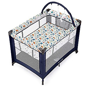 Pamo Babe Portable Playard,Sturdy Playard with Padded Mat and Toy bar with Soft Toys