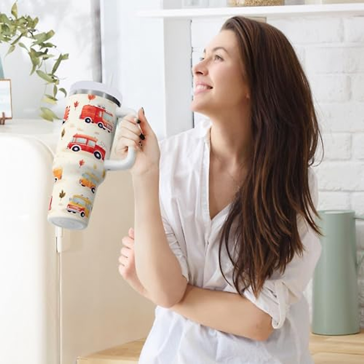 ARGTILDN 40 oz Tumbler Cartoon Fire Trucks Insulated Travel Mug with Handle and Straw Lid Stainless Steel Vacuum Coffee Cup Tea Beverage Container Water Bottles for Car Sports office