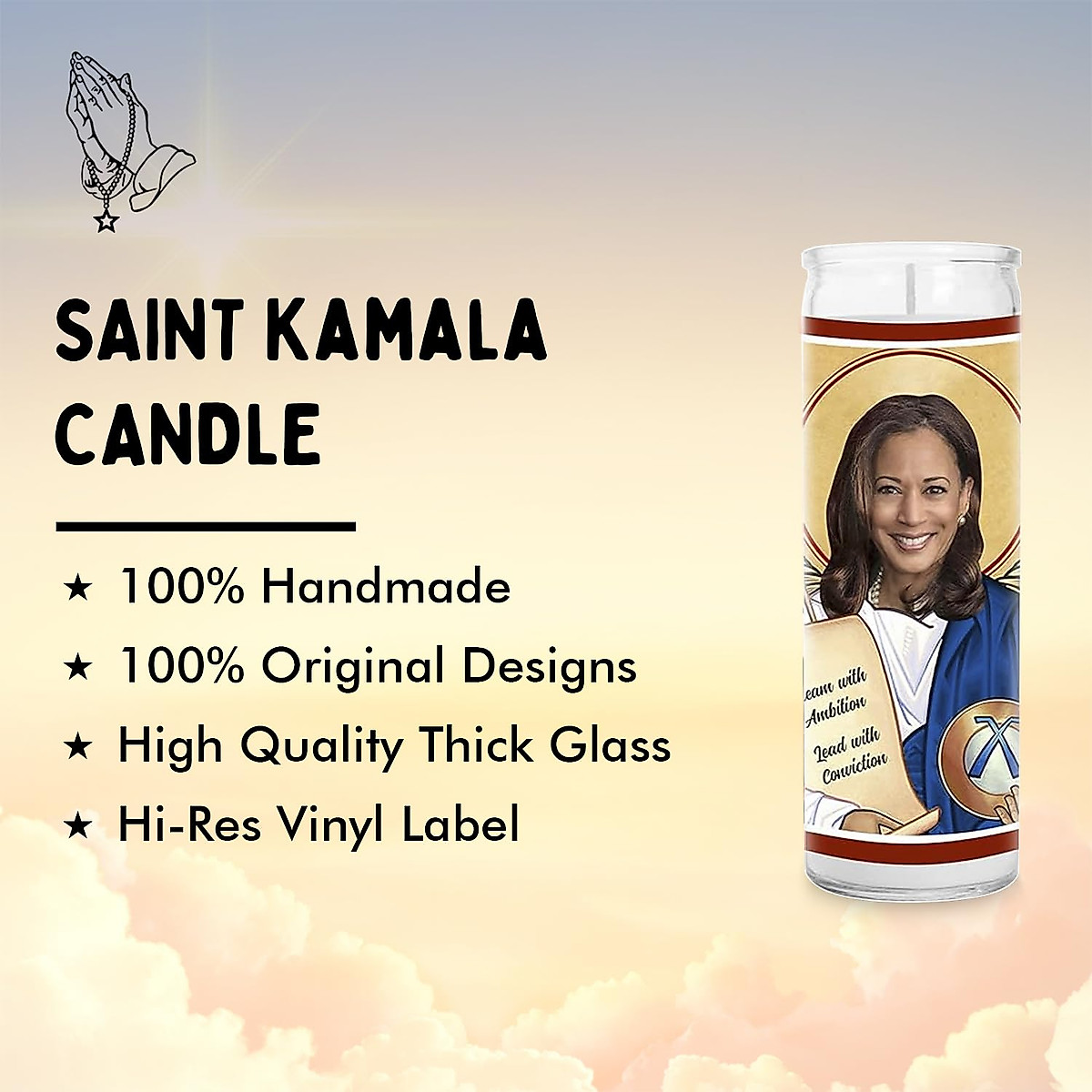 Celeb Prayer Candle Kamala Celebrity Candles - Funny Gift for Democrats - President Votive Glass Jar White Candle - Devotional Candles for USA - Handmade Soy Wax Candles