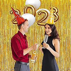 BRAVESHINE Gold Glitter Tinsel Foil Fringe Curtains - 2Pcs 3.2x8.2ft Holiday Photo Backdrop for Birthday Graduation Wedding Bridal Bachelorette Baby Shower Tropical Hawaiian Luau Party Decorations