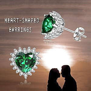 POPKIMI Emerald Earrings for Women Girls Sterling Silver Green Earrings Heart Shape Stud Earrings May Birthstone Earrings Jewelry Christmas Birthday Gift (May)