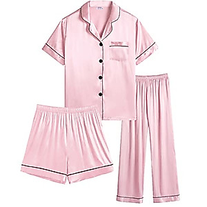 SWOMOG Womens 3 Piece Silk Satin Pajamas Short Sleeve Pjs Sets Shorts and Capri Bottom Pajama Pants Loose Outfit Sleepwear Pink