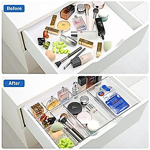 Puricon 25 Pcs Clear Desk Drawer Organizers Set, 4-Size Plastic Bedroom Vanity Dresser Tray Acrylic Bathroom Storage Bins for Makeups Jewelries Kitchen Utensils Gadgets Office Accessories -Clear