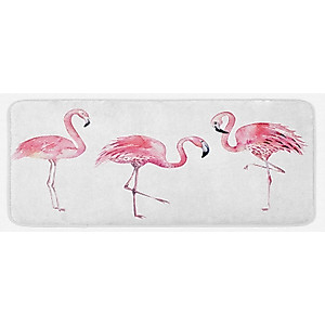 Lunarable Pink Flamingo Kitchen Mat, Exotic Birds Watercolors Nature of Brazil Rainforests Aloha Wildlife, Plush Decorative Kitchen Mat with Non Slip Backing, 47" X 19", Pink White